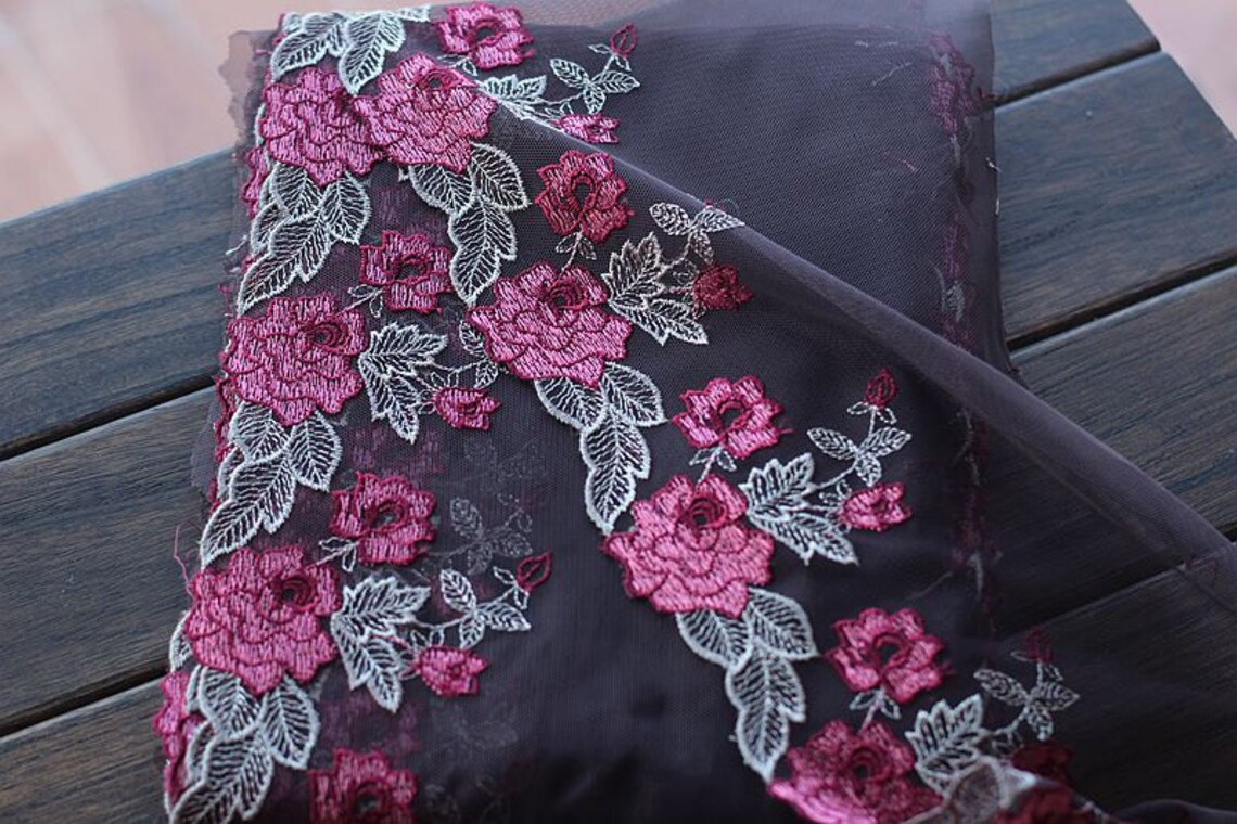 2 Yards Lace Trim Dark Red Rose Flowers Embroidered Tulle Lace - Etsy