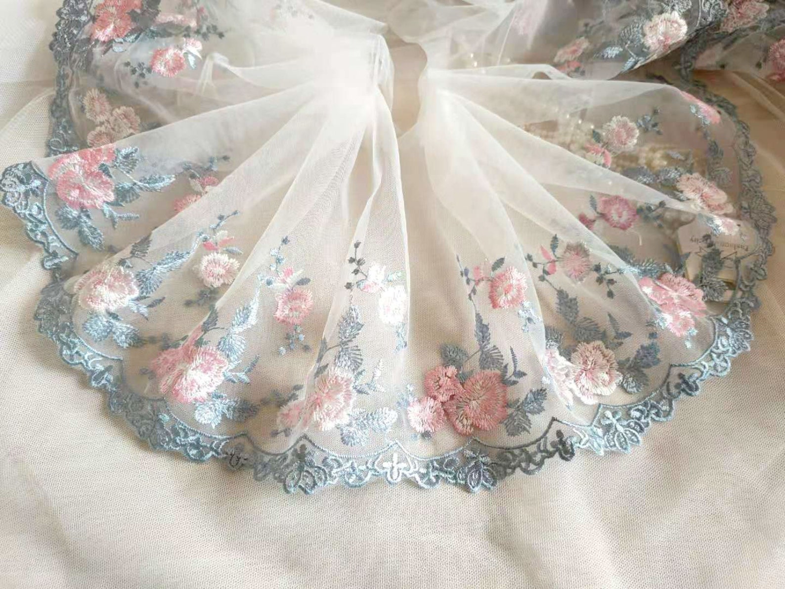 Lovely Tulle Lace Trim Grey Pink Floral Embroidered Lace Trim 7 Inches ...