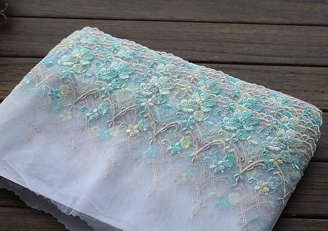 2 Yards Lace Trim Cyan Flowers Floral Embroidered Tulle Lace - Etsy