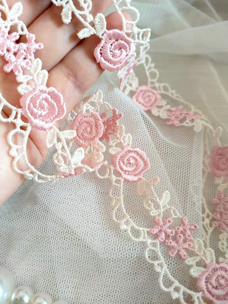 3 Yards Lace Trim Lovely Pink Roses Flowers Venice Lace Trim 1 - Etsy