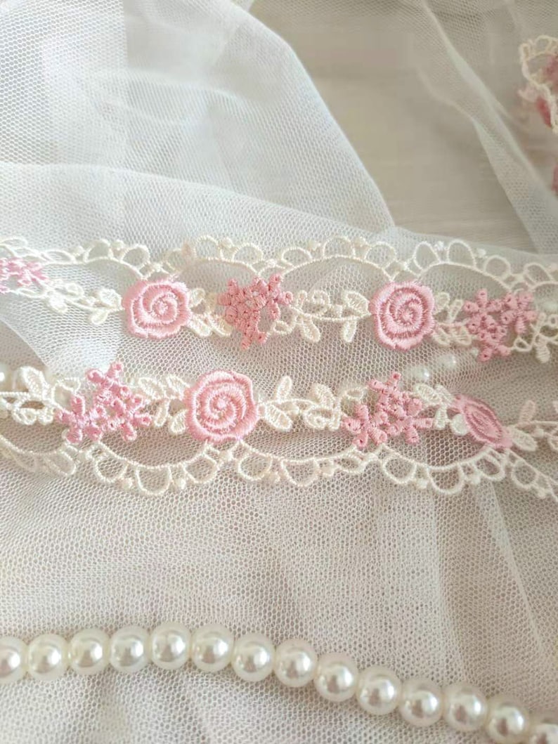 3 Yards Lace Trim Lovely Pink Roses Flowers Venice Lace Trim 1 - Etsy