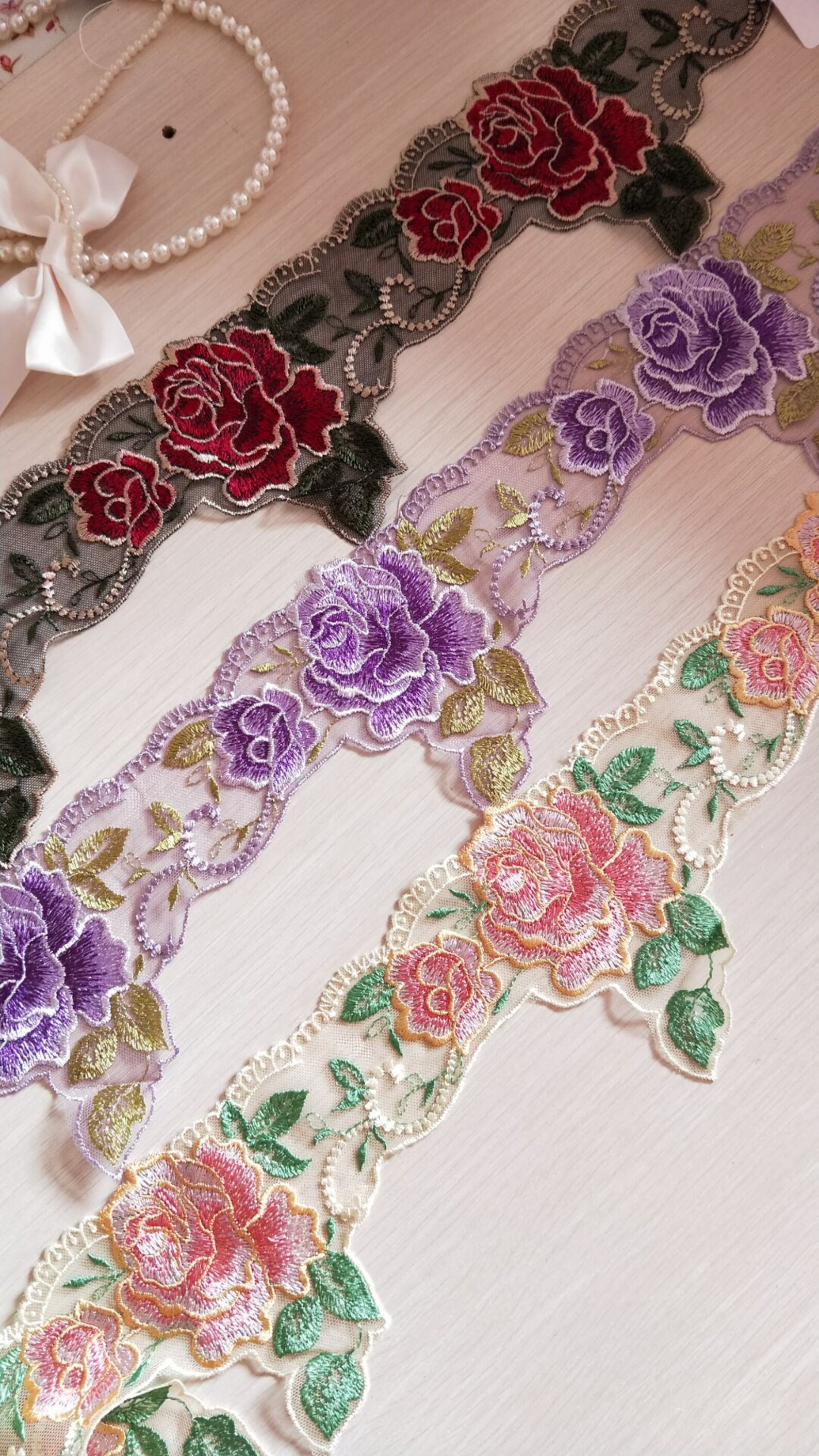 2 Yards Big Rose Embroidered Lace Trim Scalloped Tulle Lace - Etsy