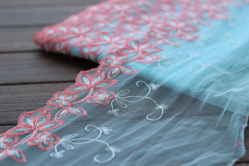 2 Yards Lace Trim Exquisite Flowers Embroidered Cyan Tulle | Etsy