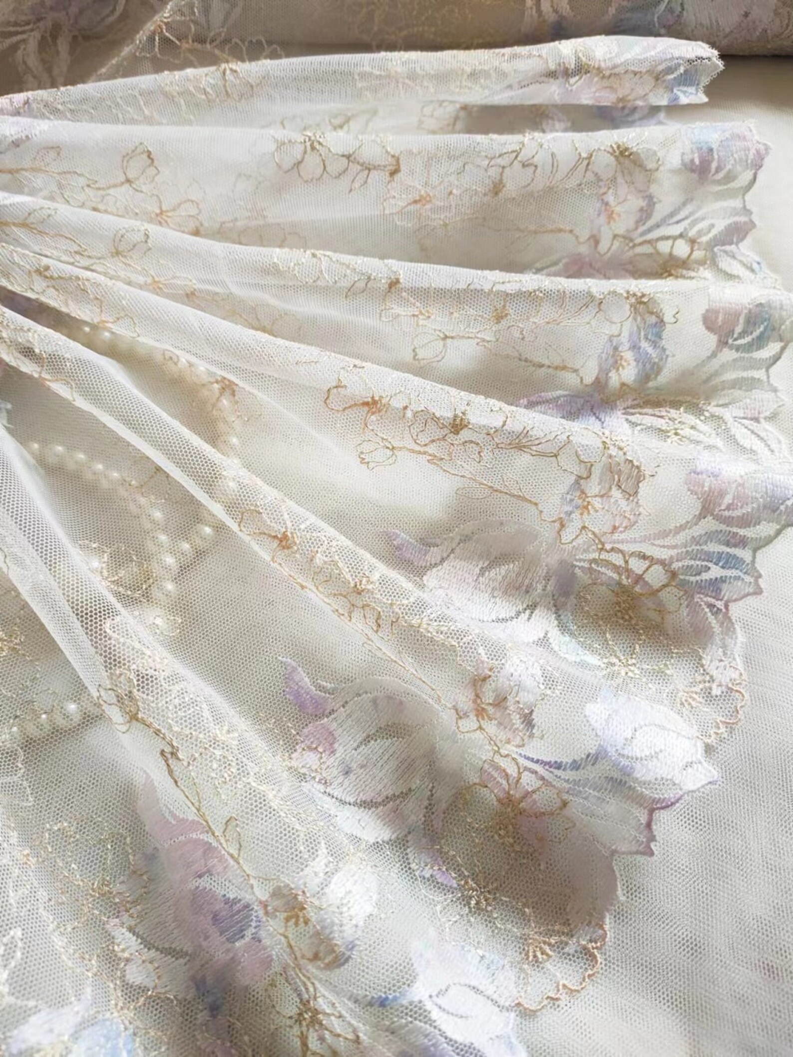 Gorgeous Lace Trim Colored Flowers Embroidered Cream White Tulle Lace ...