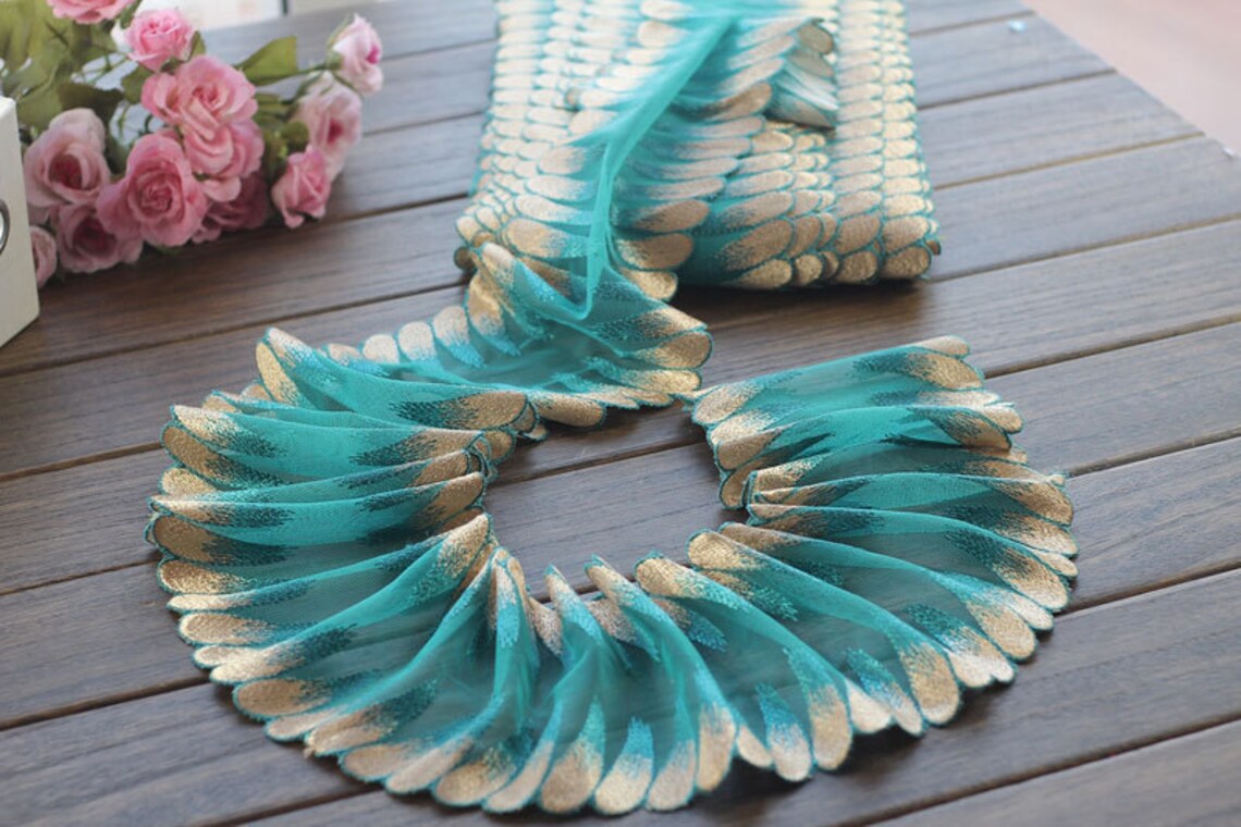 2 Yards Lace Trim Beige Embroidered Cyan Tulle Lace Trim 4.72 | Etsy