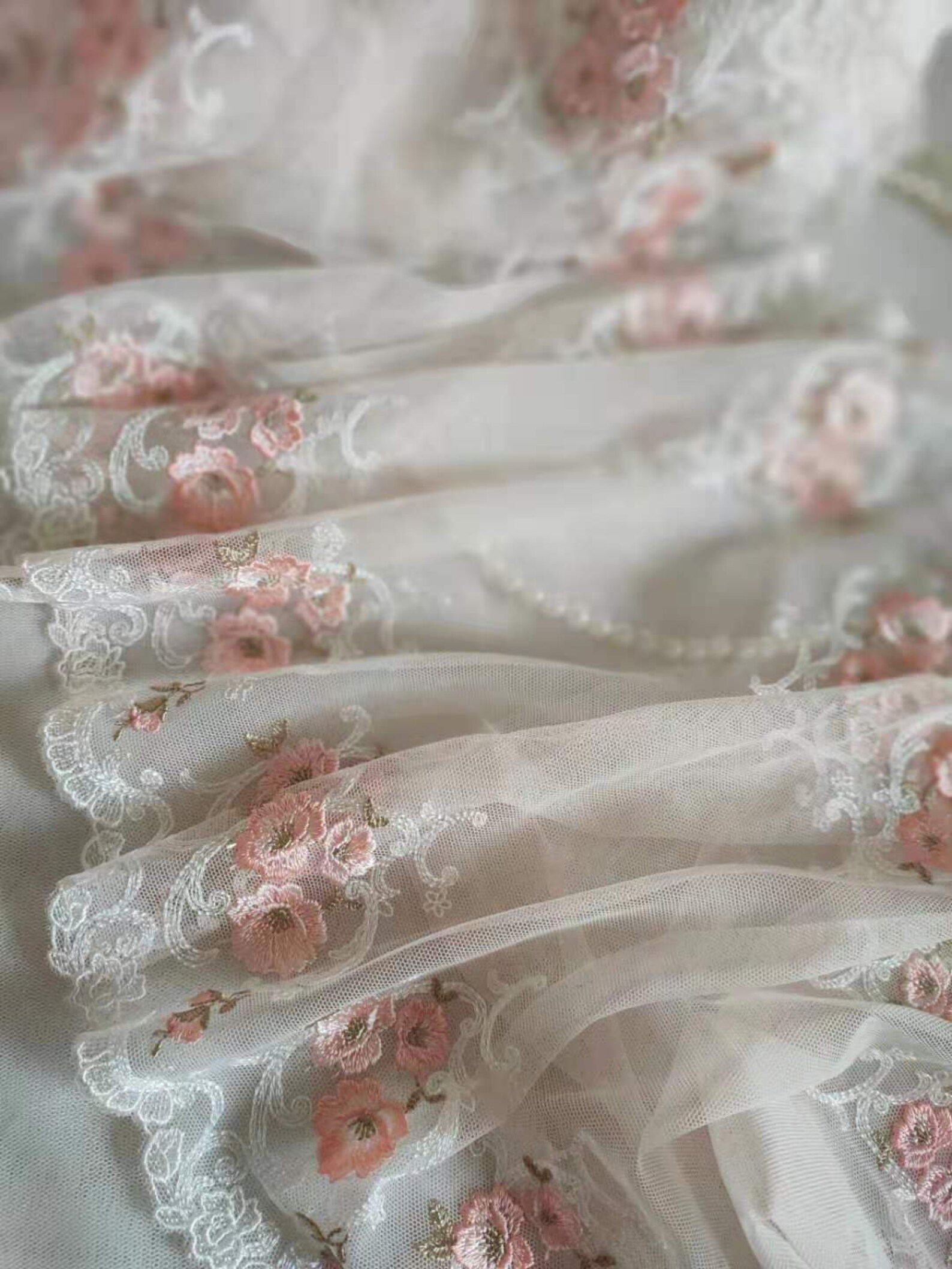 Gorgeous Tulle Lace Trim Pink Rose Flowers Floral Embroidered Scalloped ...