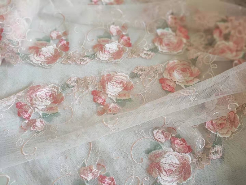 Gorgeous Tulle Lace Trim Pink Rose Flowers Floral Embroidered | Etsy