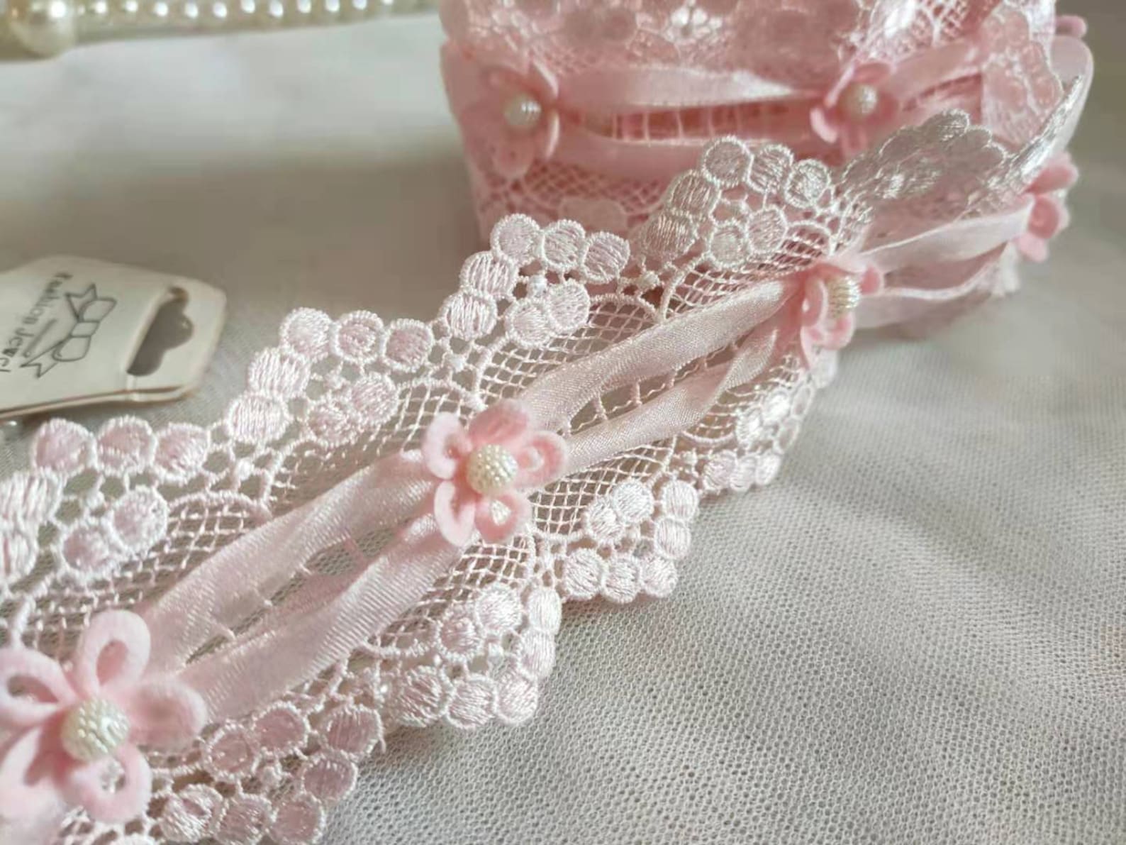 3 Colors Lovely Lace Trim Pink Venice Lace Trim With Pearl Beaded 1.9 ...