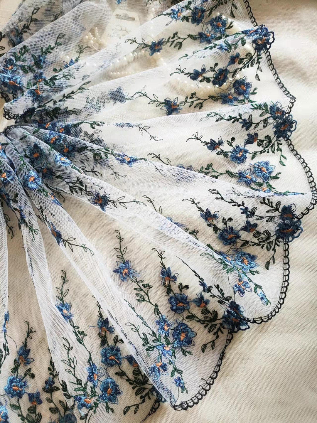 Double Edged Lovely Lace Trim Blue Floral Embroidered White Tulle Lace ...