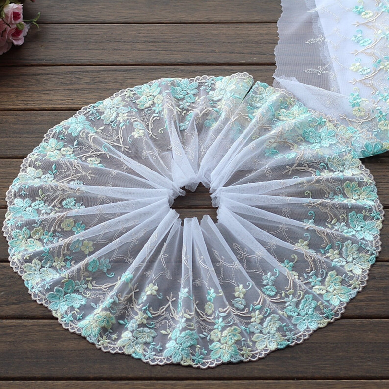 2 Yards Lace Trim Cyan Flowers Floral Embroidered Tulle Lace | Etsy