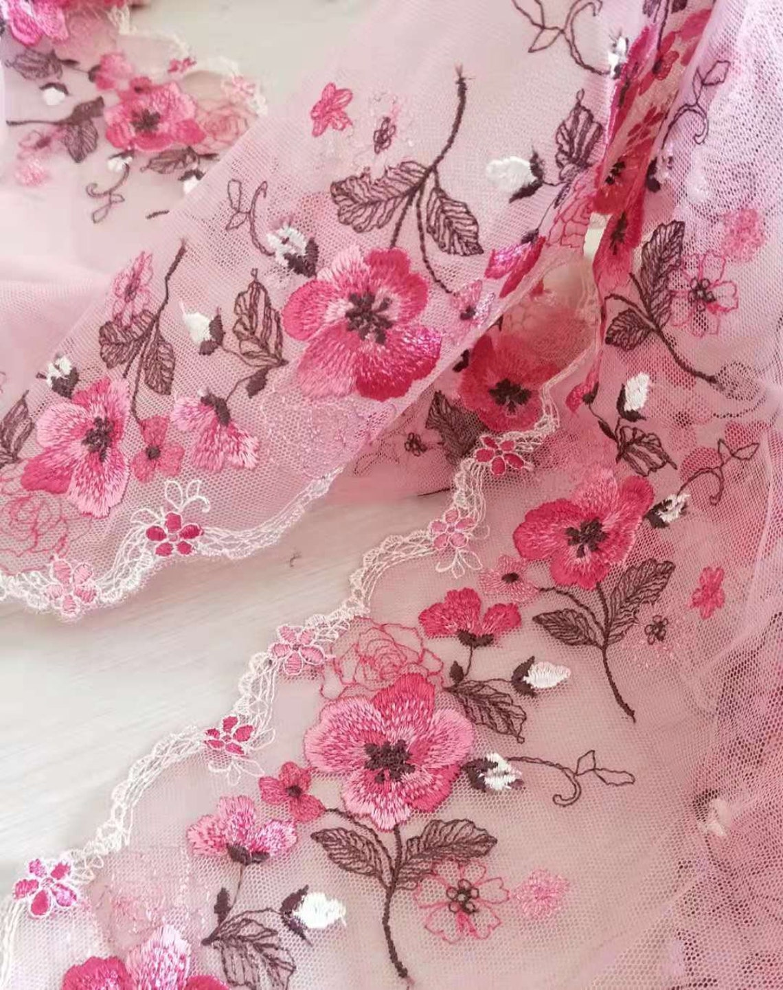 Gorgeous Tulle Lace Trim Peachy Red Flowers Floral Embroidered | Etsy