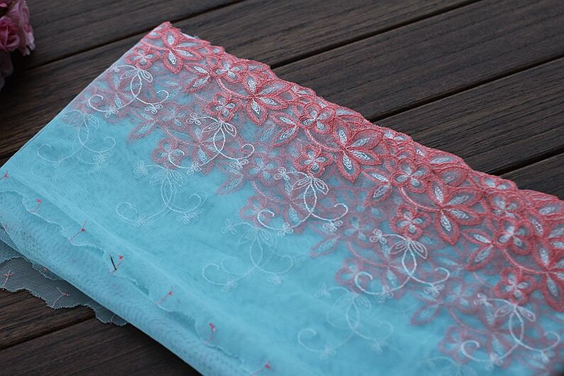 2 Yards Lace Trim Exquisite Flowers Embroidered Cyan Tulle | Etsy