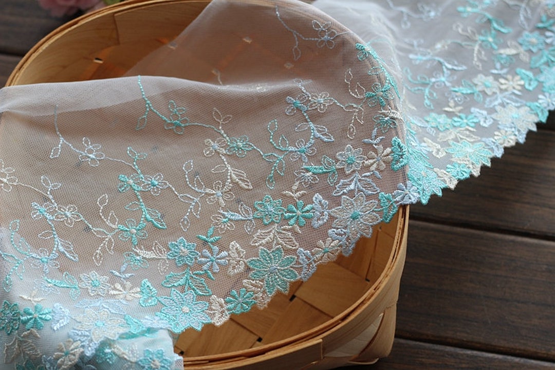 2 Yards Lace Trim Light Blue Flowers Floral Embroidered Tulle Lace 7.48 ...