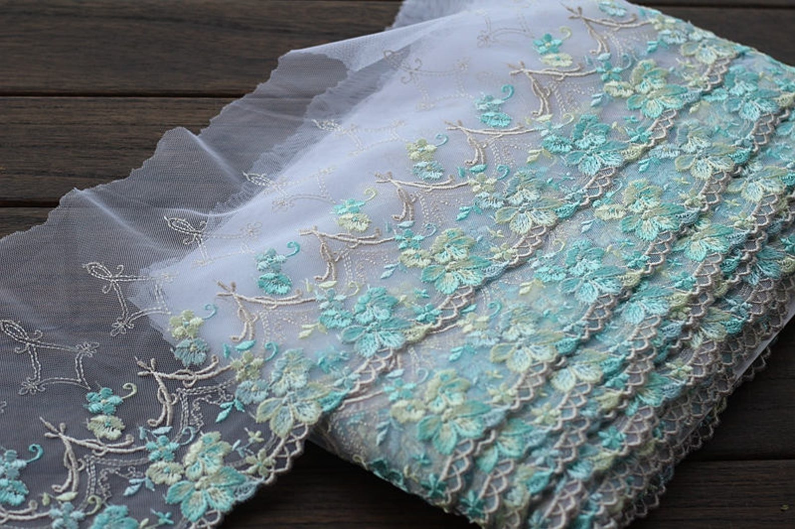 2 Yards Lace Trim Cyan Flowers Floral Embroidered Tulle Lace - Etsy