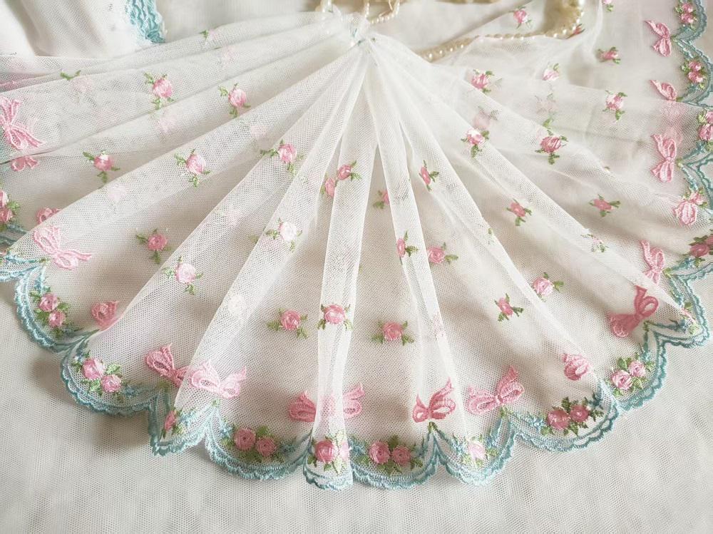 2 Yards Lace Trim Lovely Pink Bow Flowers Embroidered Cream White Tulle ...