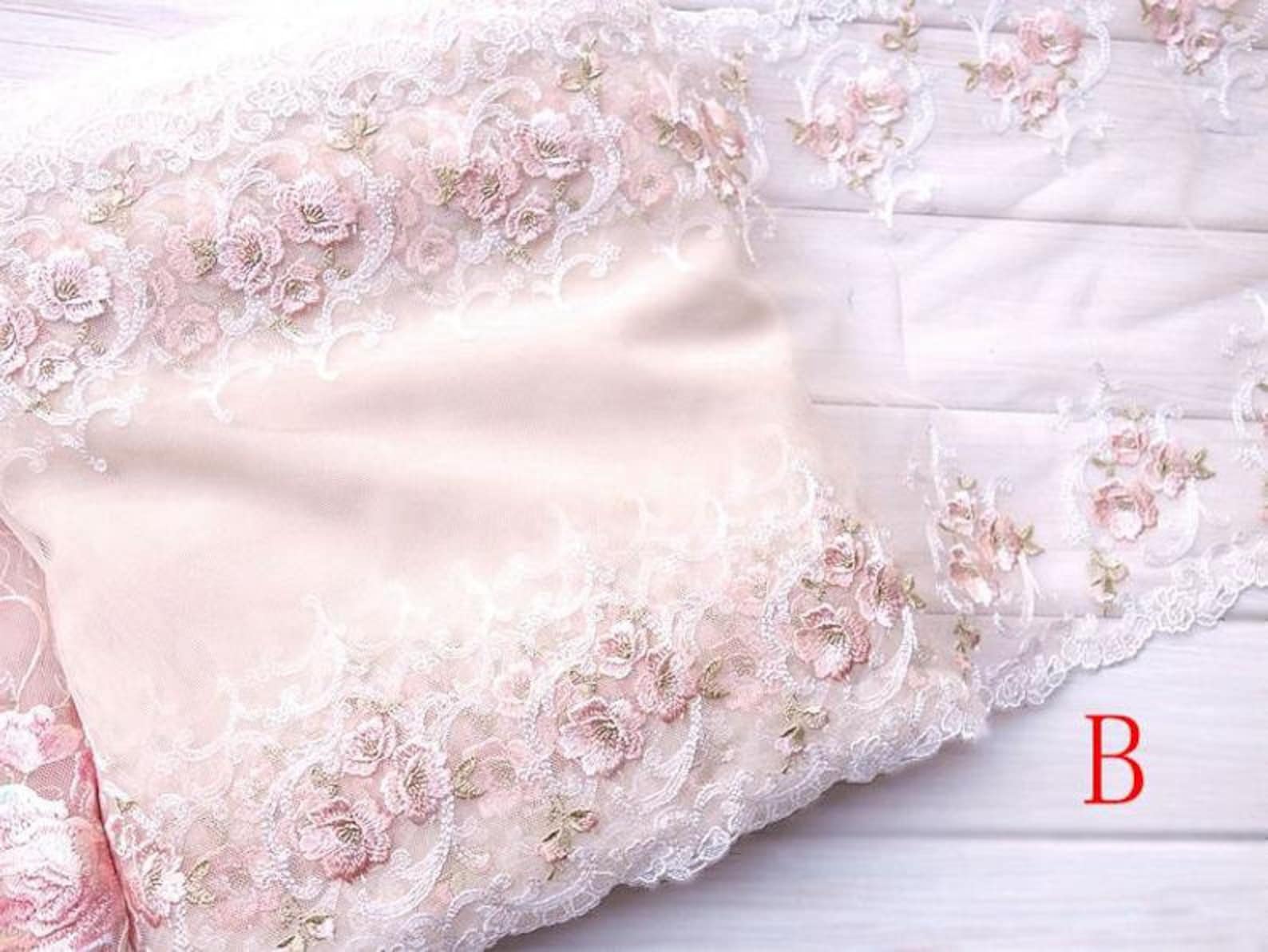 Gorgeous Tulle Lace Trim Pink Rose Flowers Floral Embroidered Scalloped ...