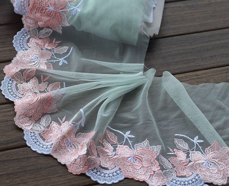 2 Yards Lace Trim Rose Flower Embroidered Cyan Tulle Lace 7.87 | Etsy
