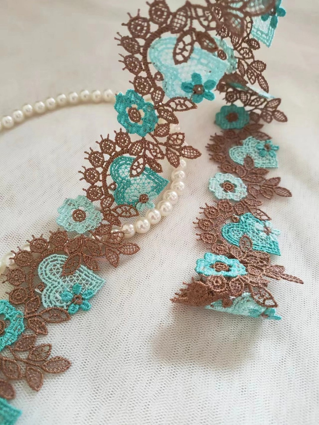Gorgeous Lace Trim Light Blue Cyan Heart Flowers Coffee Venice Lace ...