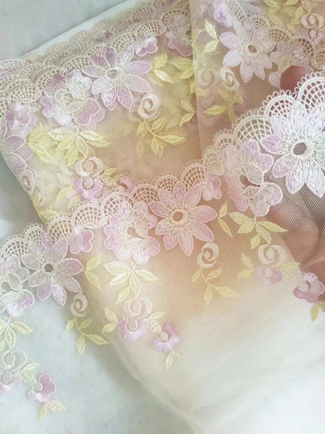 2 Yards Lace Trim Purple Pink Flowers Floral Embroidered Light Yellow ...