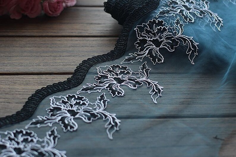 2 Yards Lace Trim Floral Embroidered Deep Cyan Tulle Lace 7.48 - Etsy
