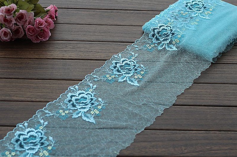 2 Yards Lace Trim Exquisite Cyan Flowers Embroidered Tulle | Etsy