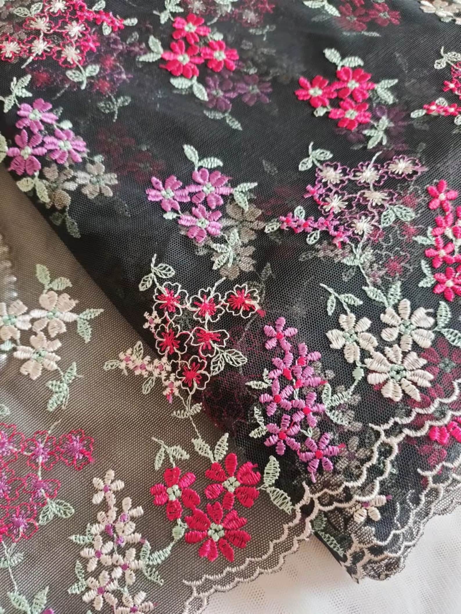 Gorgeous Peachy Pink Purple Flowers Floral Embroidered Black Tulle Lace ...