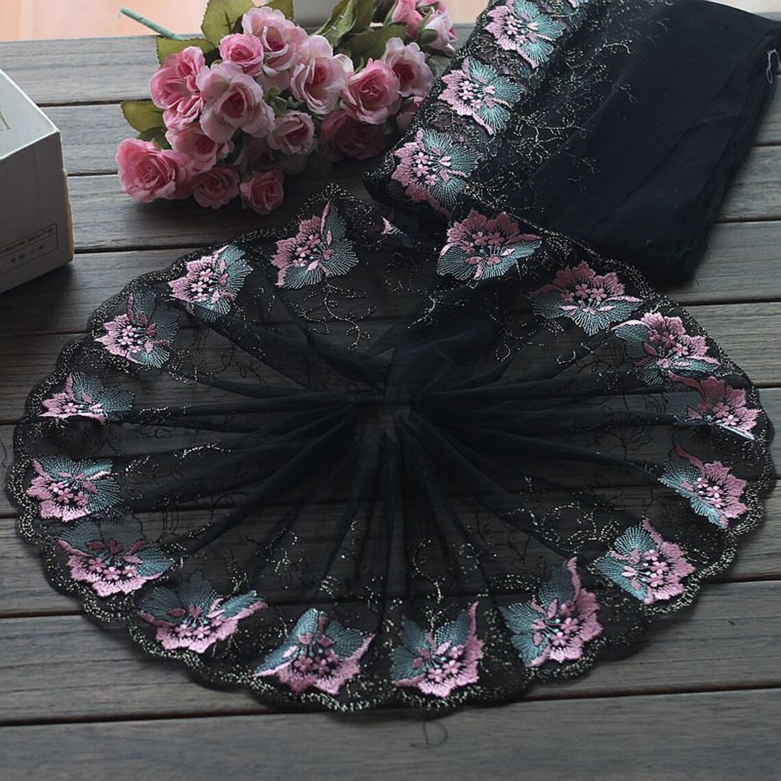 2 Yards Embroidered Lace Trim Big Flower Embroidered Tulle | Etsy