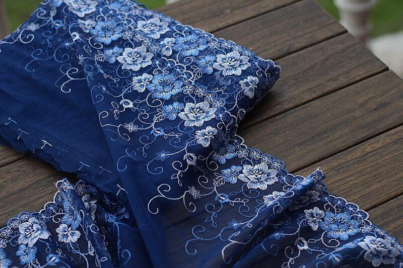 2 Yards Lace Trim Dark Blue Floral Embroidered Tulle Lace 9 | Etsy