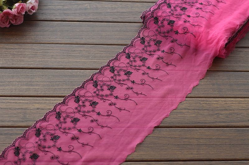 2 Yards Lace Trim Black Rose Floral Embroidered Hot pink Tulle | Etsy