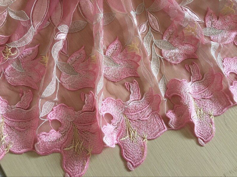 Embroidered Lace Trim Pink Lily Flowers Embroidered Tulle Lace | Etsy
