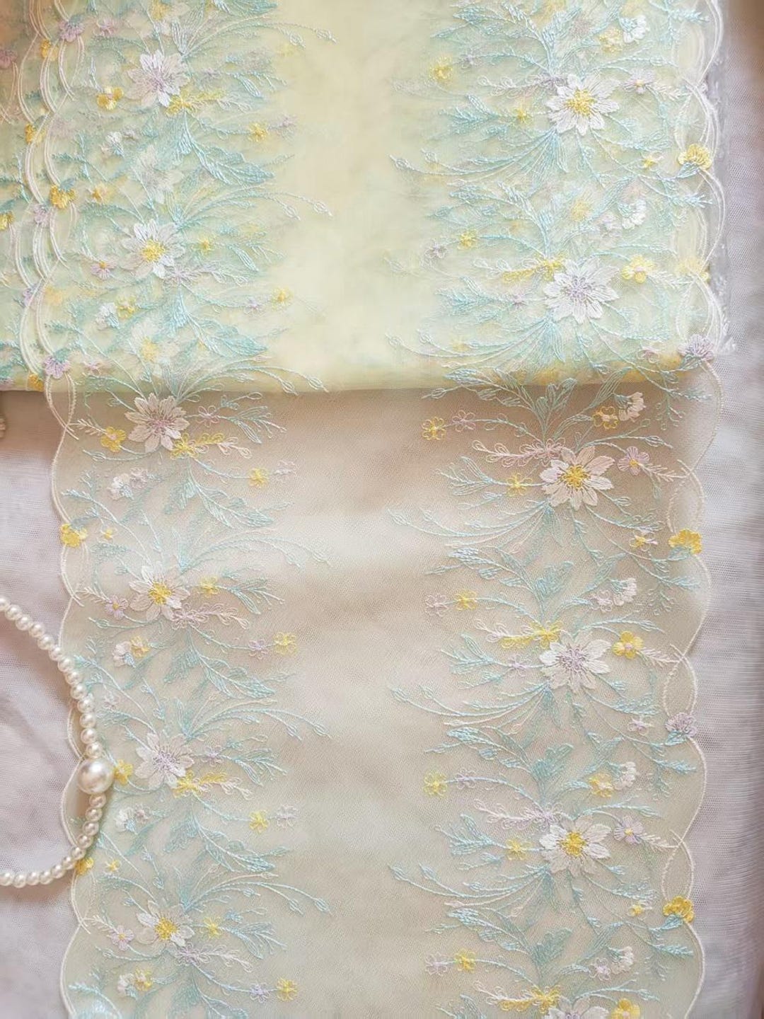 Double Edged Lovely Lace Trim Green Floral Embroidered Tulle Lace 11 ...