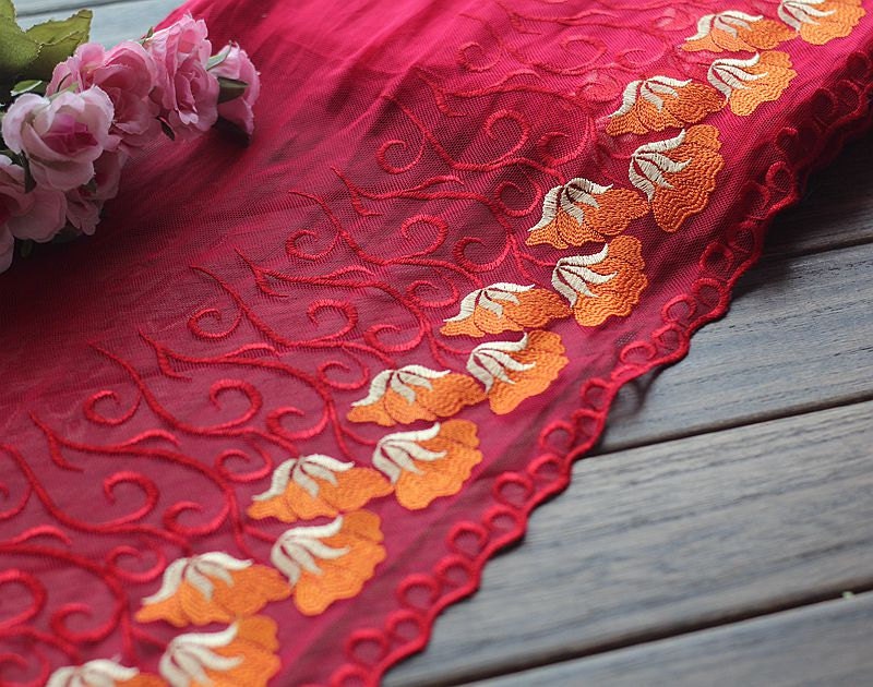 2 Yards Lace Trim Red Floral Embroidered Tulle Lace Trim 10.62 | Etsy