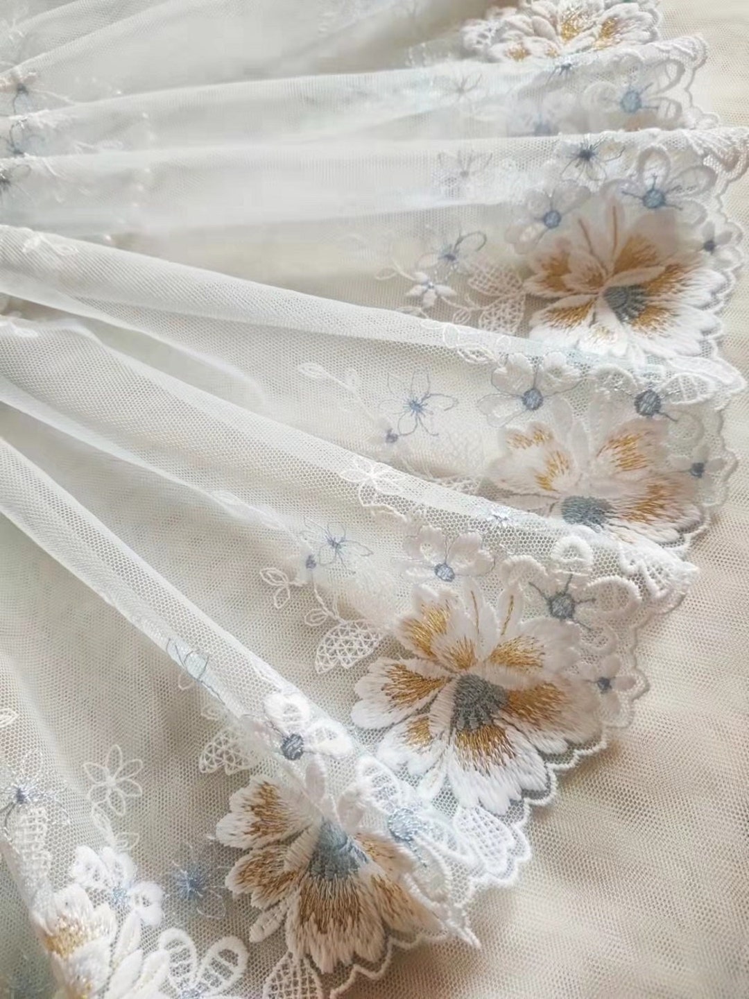 Double Edged Lovely Lace Trim Sky Blue Flowers Embroidered - Etsy