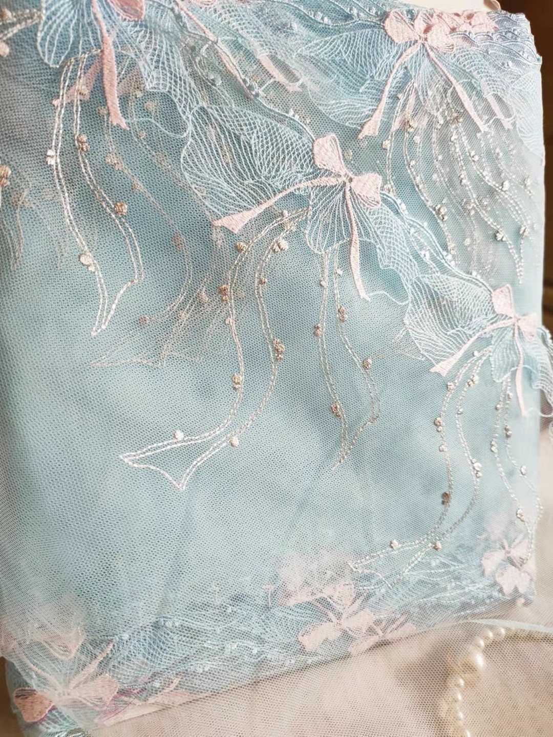 2 Yards Lace Trim Pink Bows Embroidered With Silver Thread Sky Blue ...