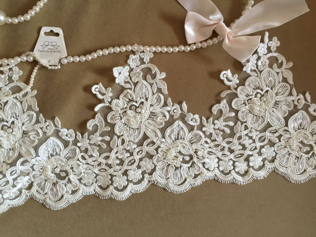 Ivory Alencon Lace Trim Luxury Beaded Sequined Wedding Lace Trim ...