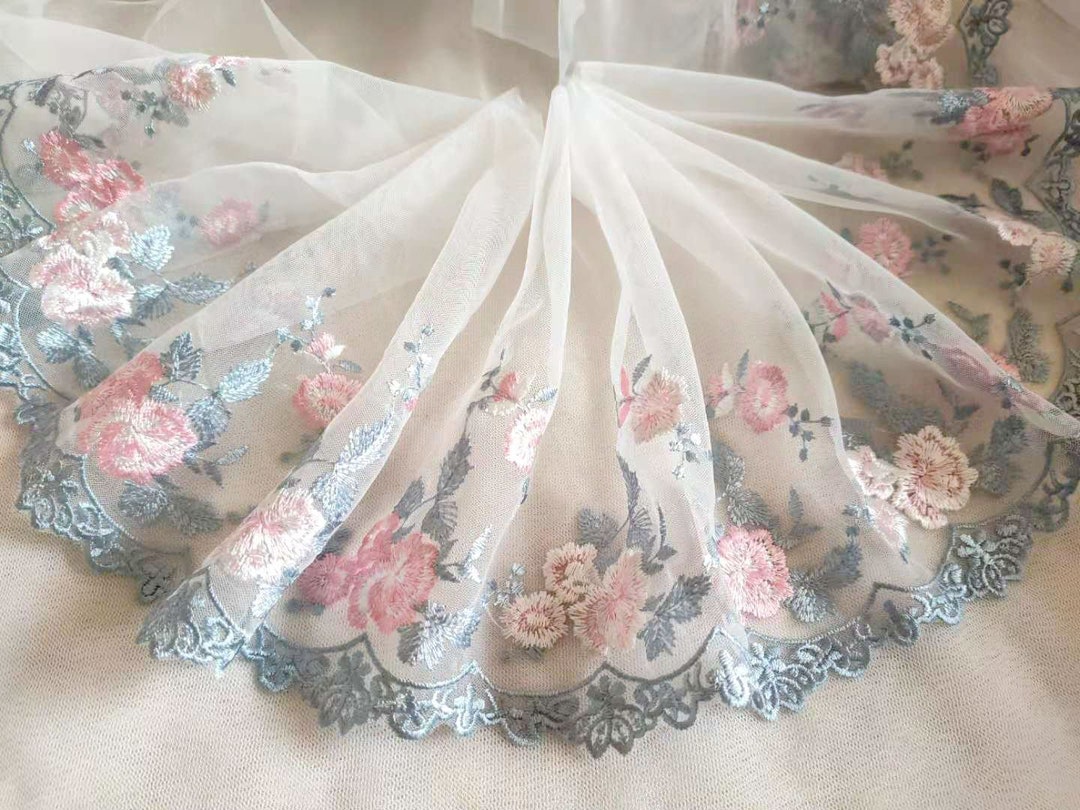 Lovely Tulle Lace Trim Grey Pink Floral Embroidered Lace Trim 7 Inches ...