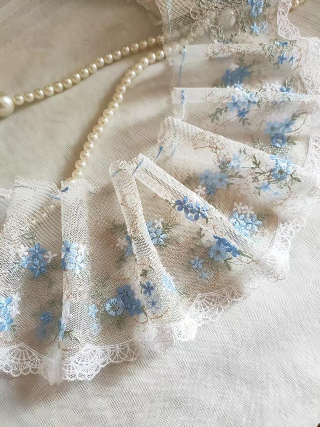 Lovely Lace Trim Blue Flowers Embroidered Tulle Lace Inches Wide High ...
