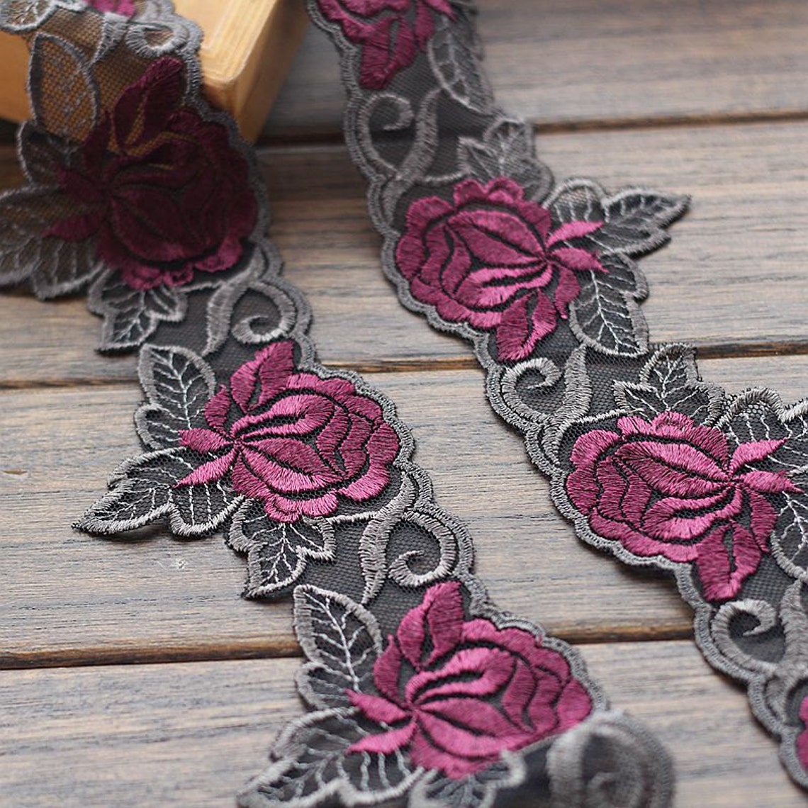 2 Yards Embroidered Lace Trim Dark Red Tulle Lace Venice | Etsy