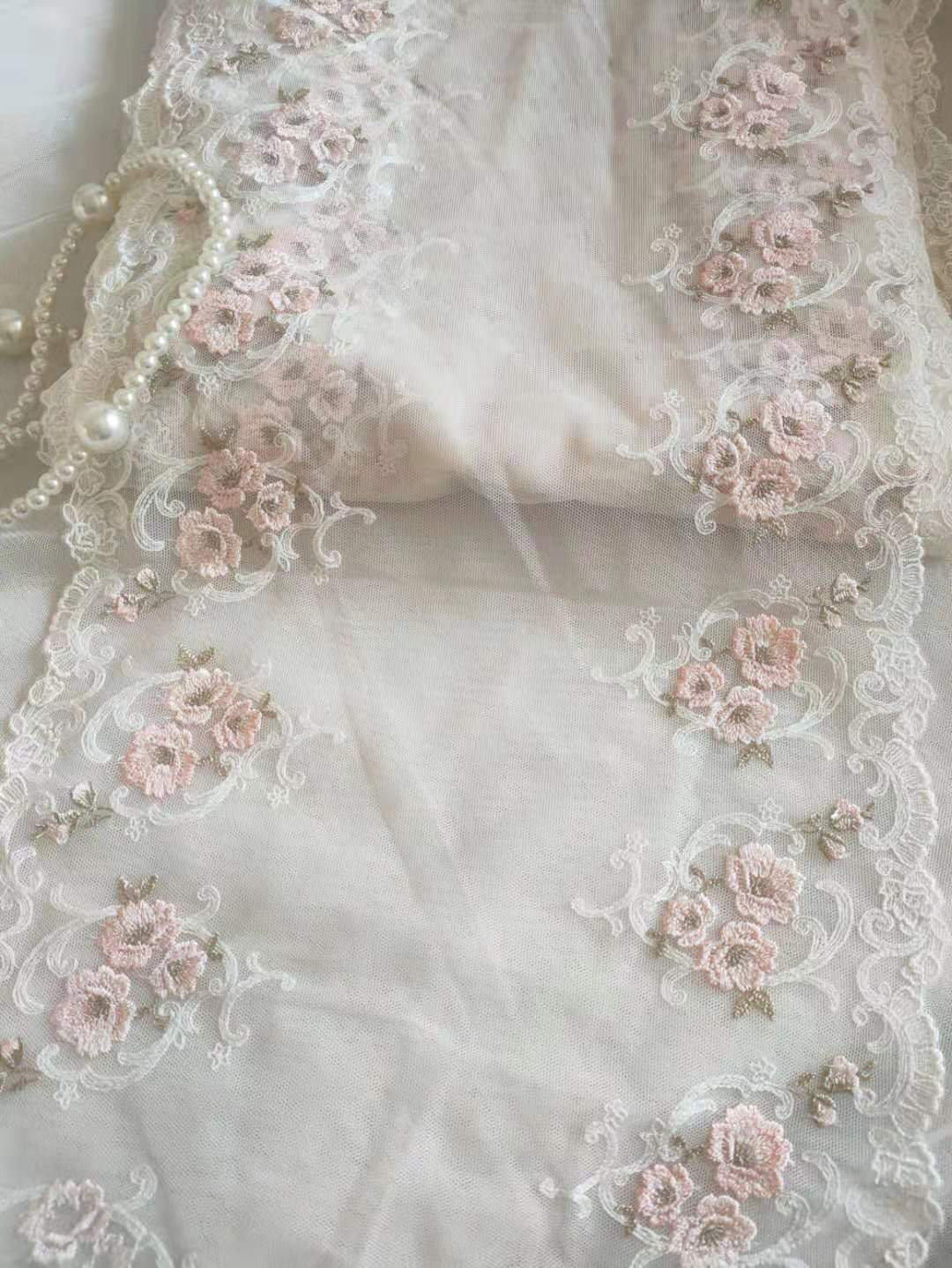Gorgeous Tulle Lace Trim Pink Rose Flowers Floral Embroidered Scalloped ...