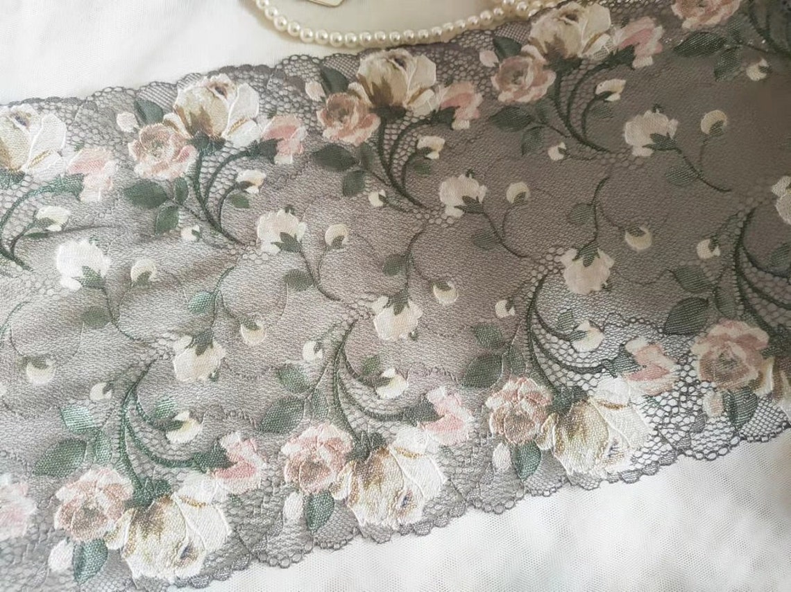 2 Yards Stretch Lace Trim Gorgeous Yellow Floral Grey Lace for Lingerie ...