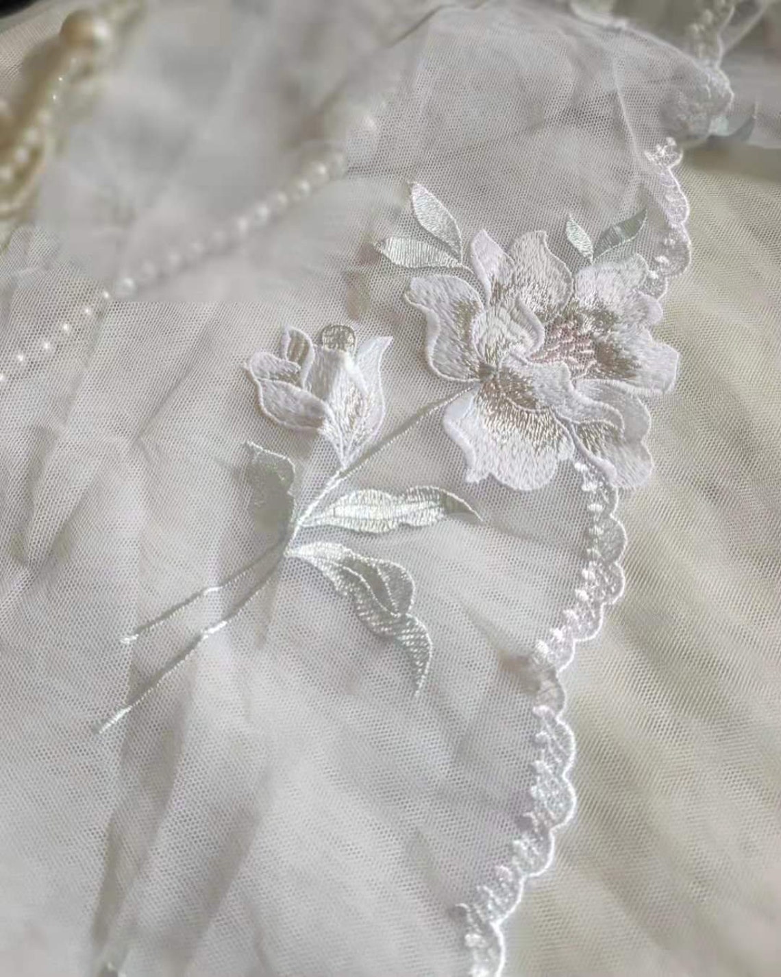 2 Yards Lace Trim Light Cyan Flower Embroidered White Tulle - Etsy