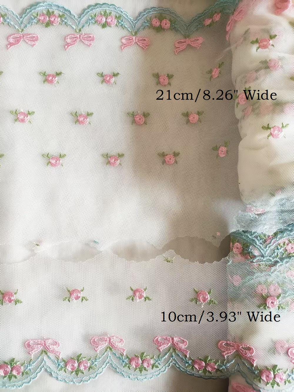 2 Yards Lace Trim Lovely Pink Bow Flowers Embroidered Cream White Tulle ...