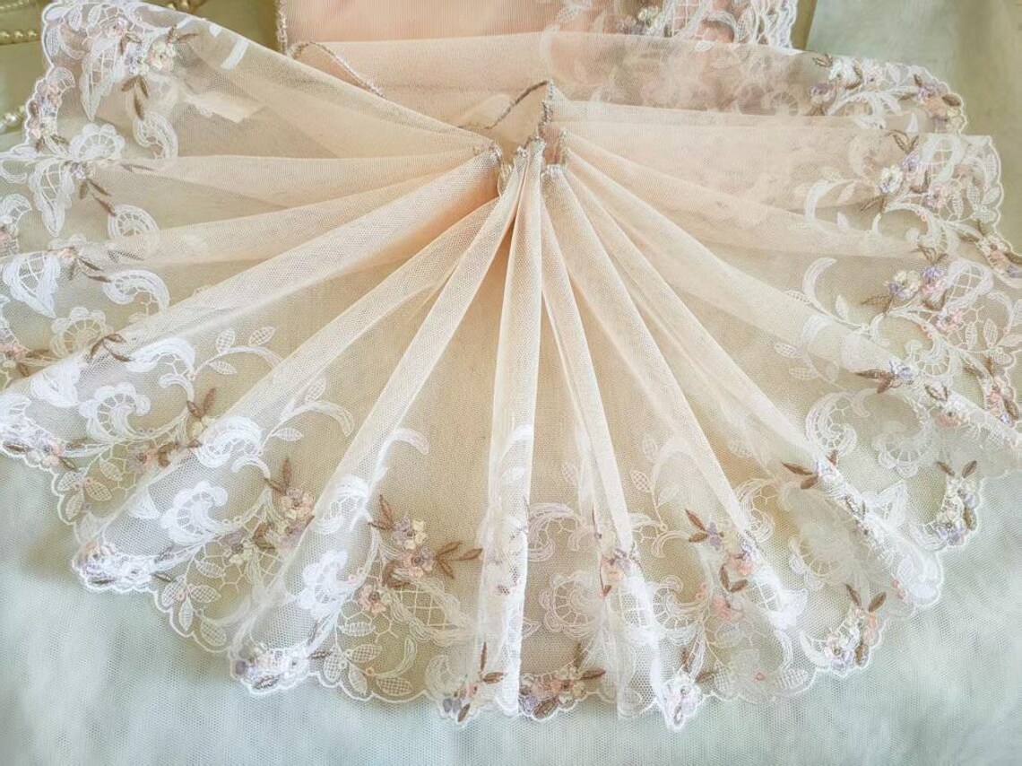 2 Yards Lace Trim Purple Pink Floral Embroidered Light Peachy Tulle ...