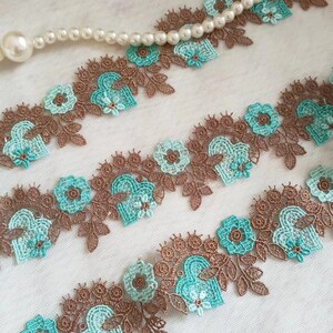 Gorgeous Lace Trim Light Blue Cyan Heart Flowers Coffee Venice Lace ...