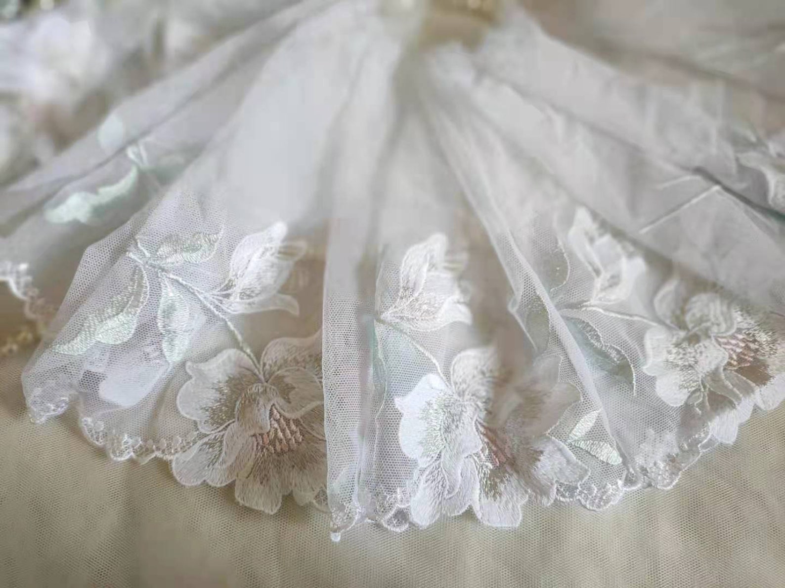 2 Yards Lace Trim Light Cyan Flower Embroidered White Tulle - Etsy