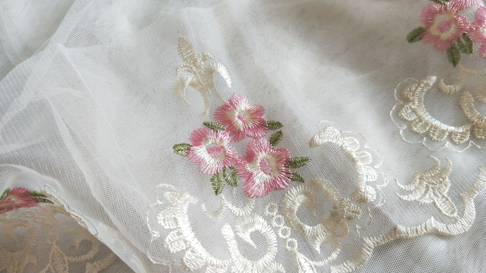 Gorgeous Light Yellow Tulle Lace Trim Pink Floral Embroidered - Etsy