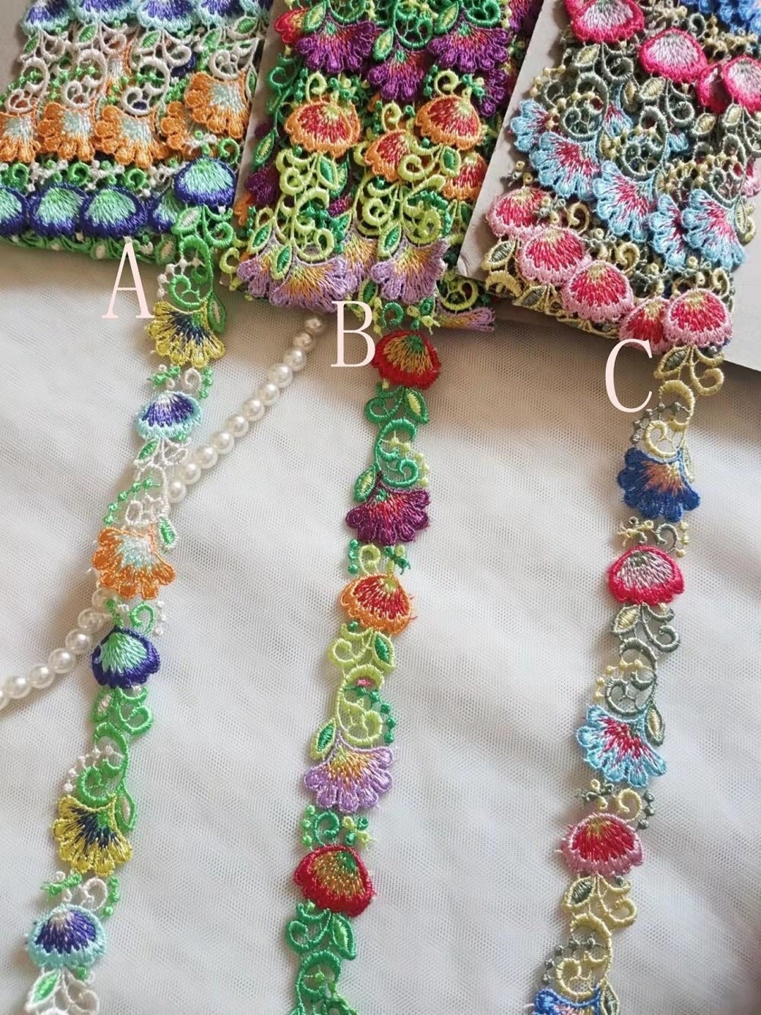 Gorgeous Embroidered Lace Trim Colored Flowers Venice Lace Trim 1 Inch ...