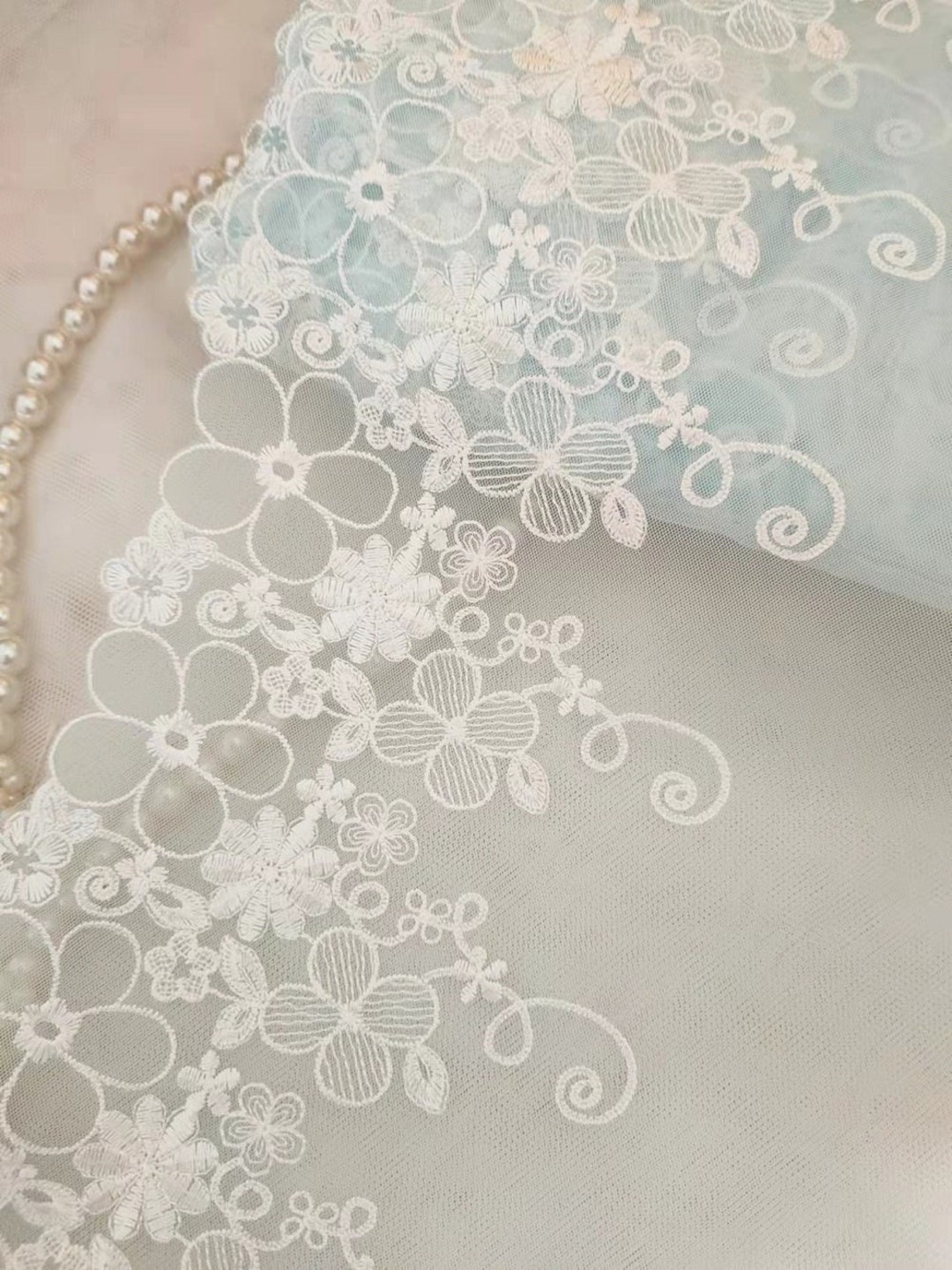 2 Yards Lace Trim Cream Flower Embroidered Sky Blue Tulle Lace Trim 7. ...