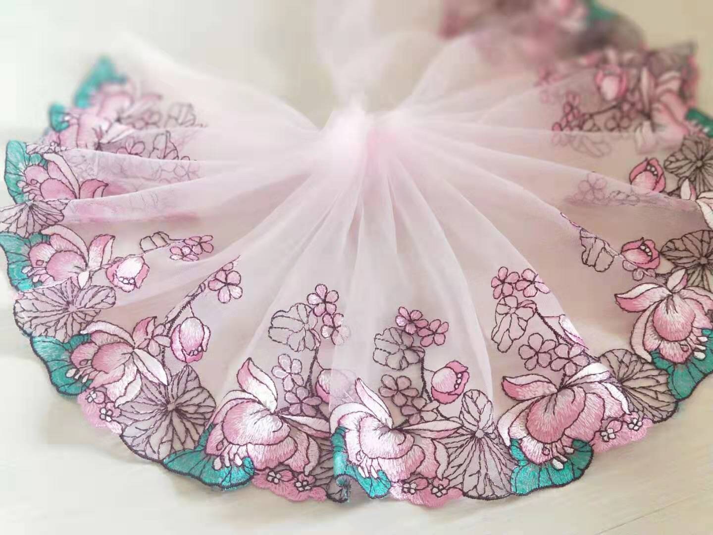 2 Yards Lace Trim Pink Lotus Floral Embroidered Tulle Lace 8.26 Inches ...