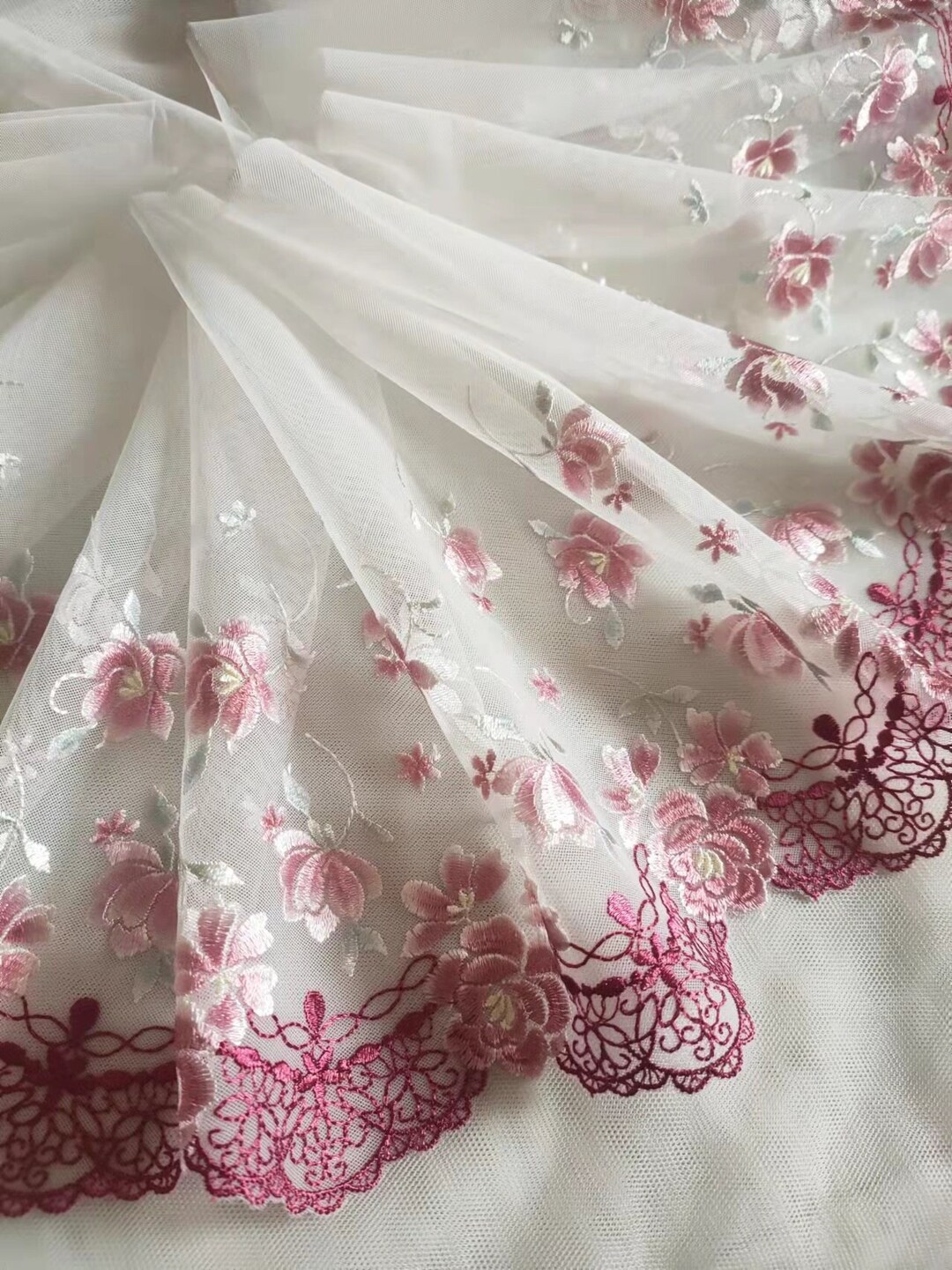 1.4 Yards Lace Trim Peachy Pink Flowers Floral Embroidered Tulle Lace 9 ...